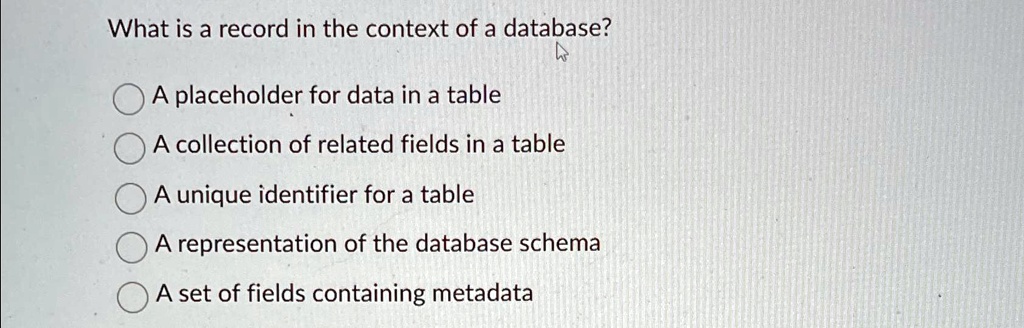 SOLVED: What is a record in the context of a database? - A placeholder for data in a table - A ...
