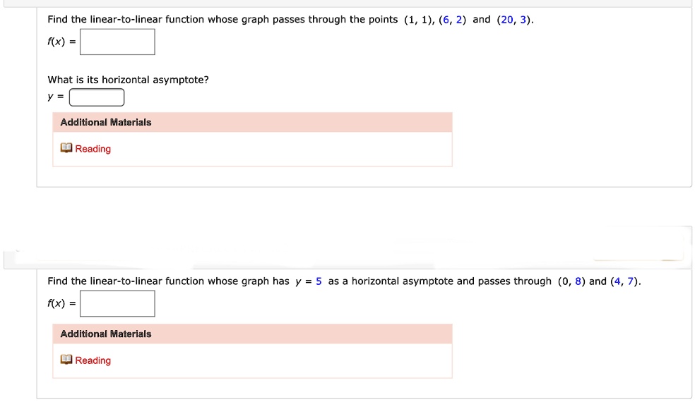 Find the linear-to-linear function whose graph passes through the points (1, 1), (6, 2) and (20 ...