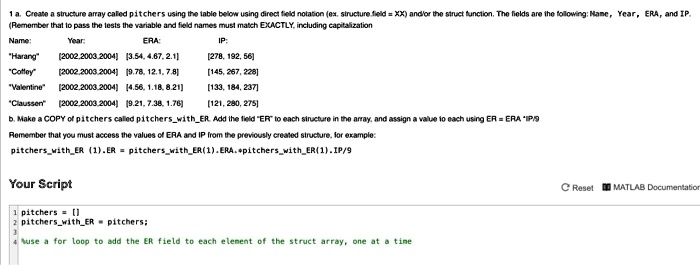 Solved A Create A Structure Array Called Pitchers Using The Table Below Using Direct Field