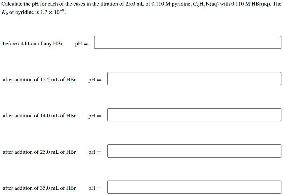 SOLVED: Calculate the pH for each of the cases in the titration of 25.0 mL of 0.110 M pyridine ...