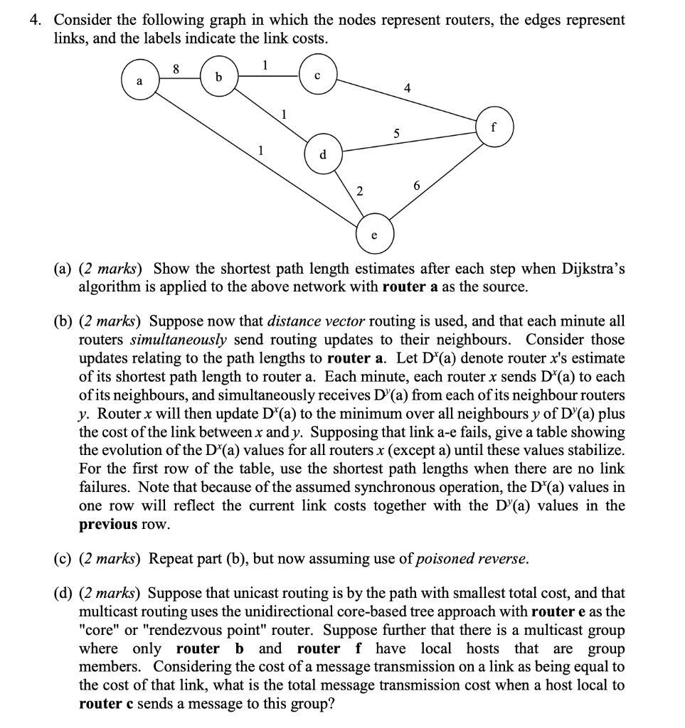 SOLVED: Consider the following graph in which the nodes represent routers, the edges represent ...