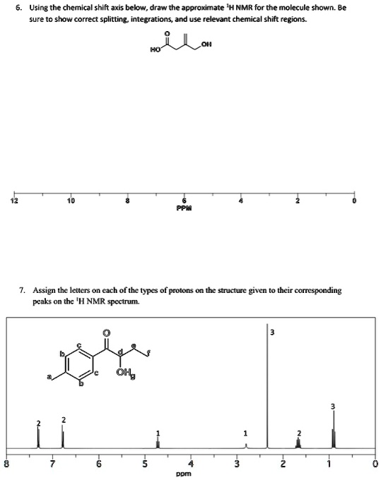 Using the chemical shift axis below, draw the approximate NMR for the molecule shown. Be sure to ...