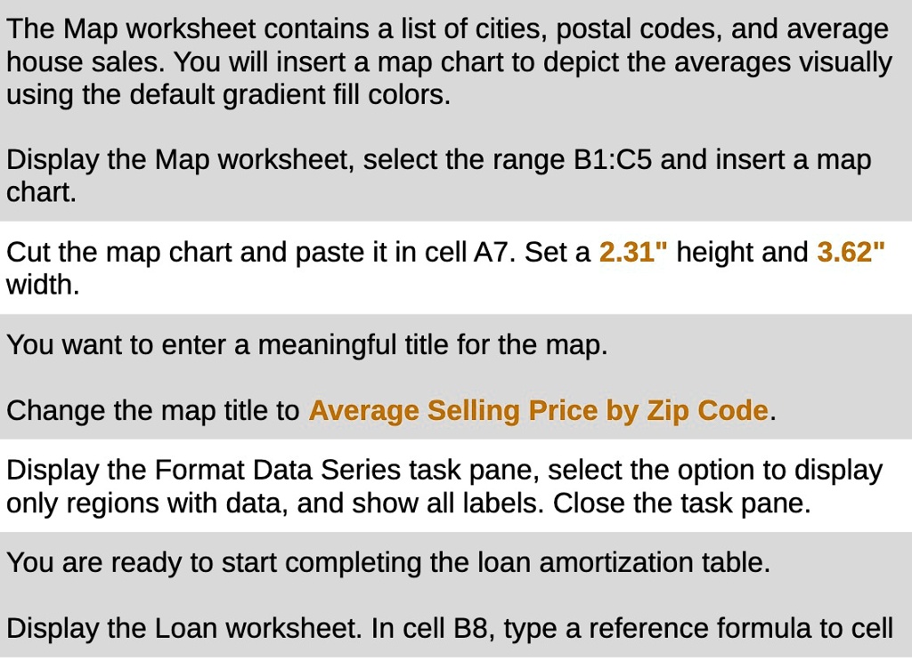 The Map worksheet contains a list of cities, postal codes,...