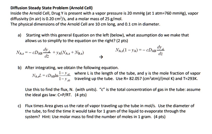 diffusion steady state problem arnold cell inside the arnold cell drug y is present with vapor ...