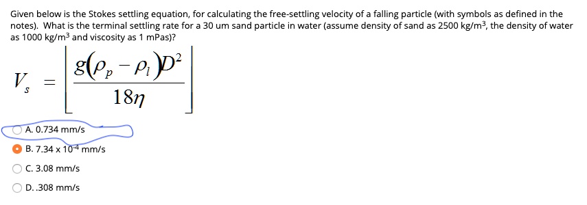 Solved Given Below Is The Stokes Settling Equation For Calculating