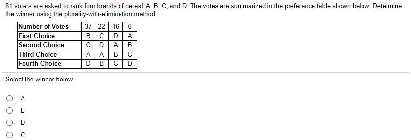 SOLVED: 81 voters are asked to rank four brands of cereal: A B, C, and ...