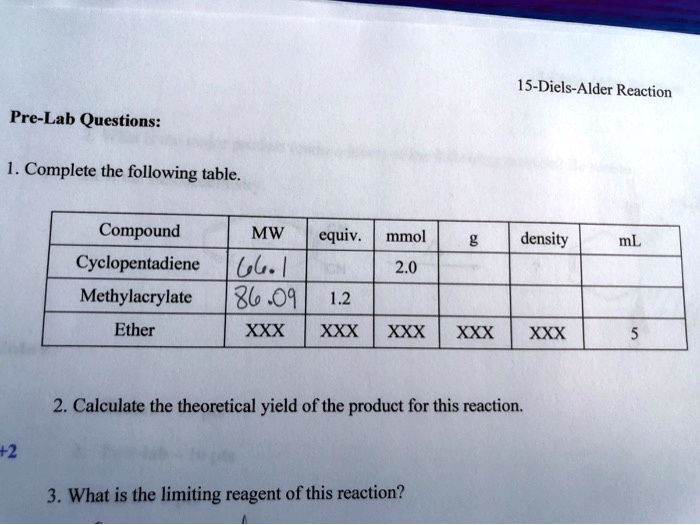 SOLVED: 15-Diels-Alder Reaction Pre-Lab Questions: Complete the following table. Compound ...