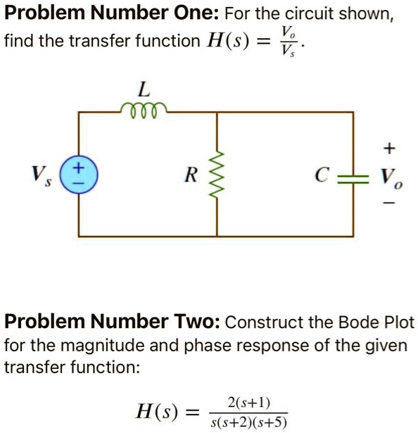 Problem Number One: For the circuit shown, (Vo)/(Vs) find the transfer function H(s) =. L + Vs ...