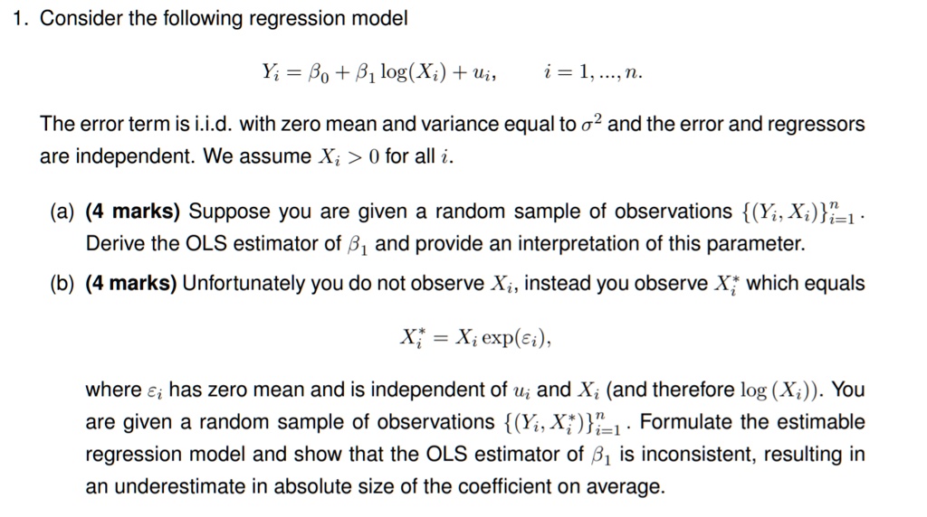 Consider the following regression model: Yi = Bo + B1 log(Xi) + Ui, i ...