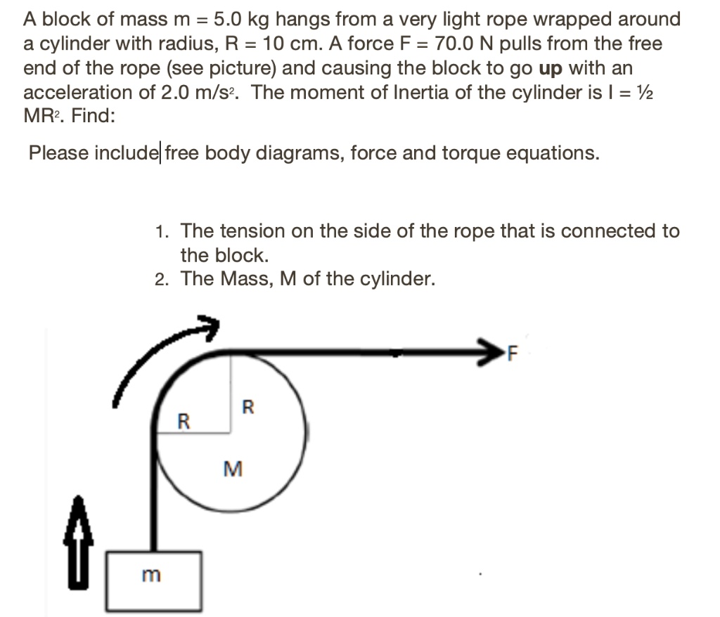 a block of mass m 50 kg hangs from a very light rope wrapped around a cylinder with radius r 10 ...