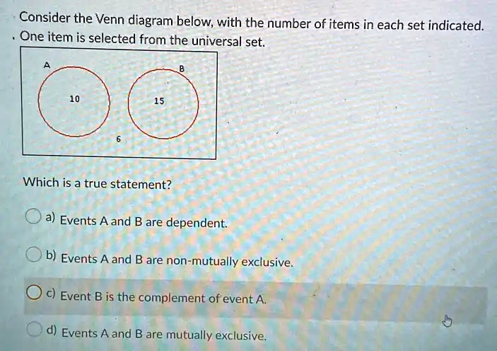 Consider the Venn diagram below, with the number of items in each set ...