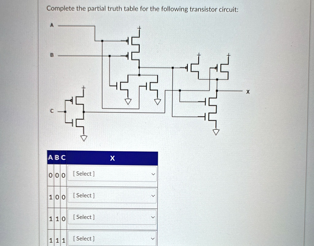 complete the partial truth table for the following transistor circuit a b c abc x 000 select 100 ...