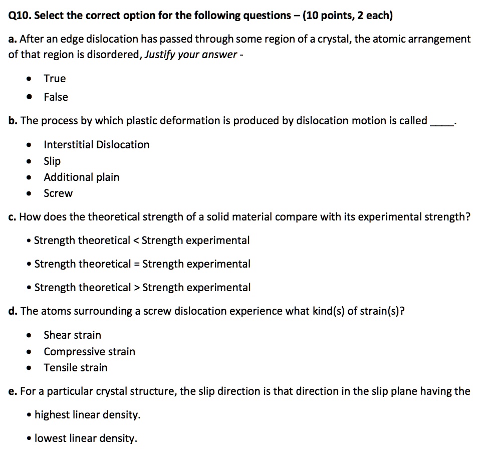 Q10 Select The Correct Option For The Following Questions 10 Points