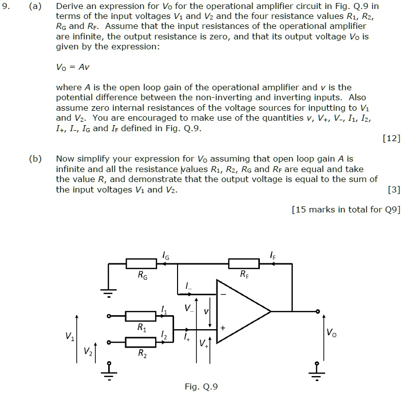 9. (a) Derive an expression for Vo for the operational amplifier circuit in Fig. Q.9 in terms of ...