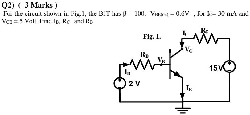 SOLVED: Q2) 3 Marks For the circuit shown in Fig:1, the BJT has Î² ...