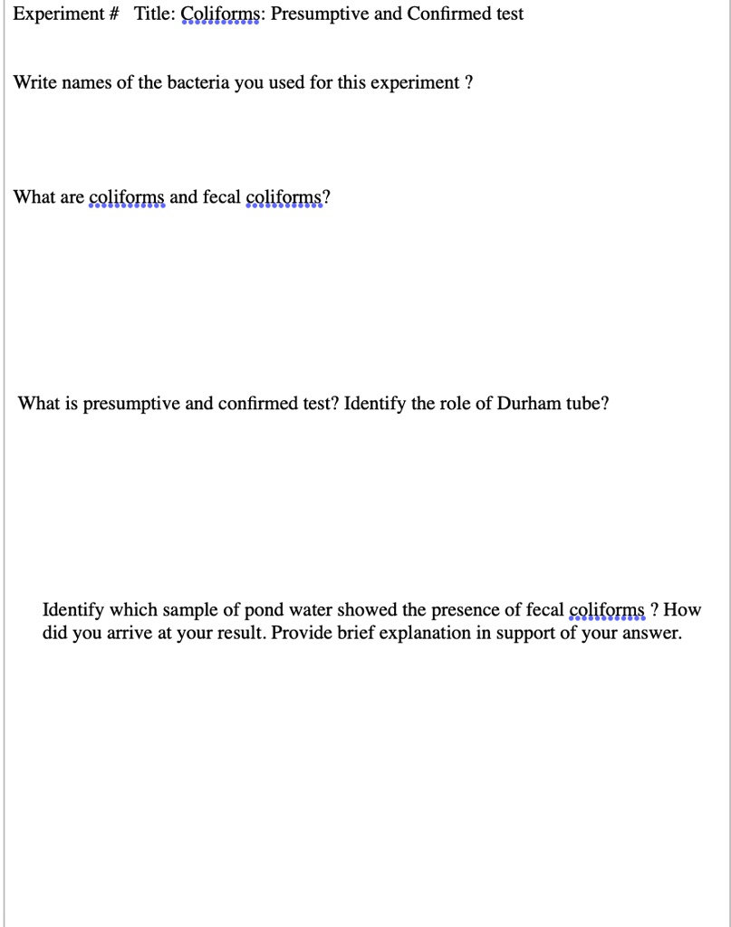 SOLVED: '........................ Experiment # Title: Coliforms ...