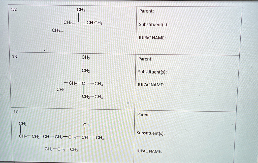 1A: 1B: 1C: CH3 CH3 Parent: CH2 CH CH3 Substituent(s): IUPAC NAME: CH3 ...