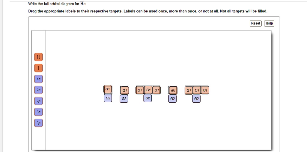 Write the full orbital diagram for He. Drag the appropriate labels to their respective targets ...