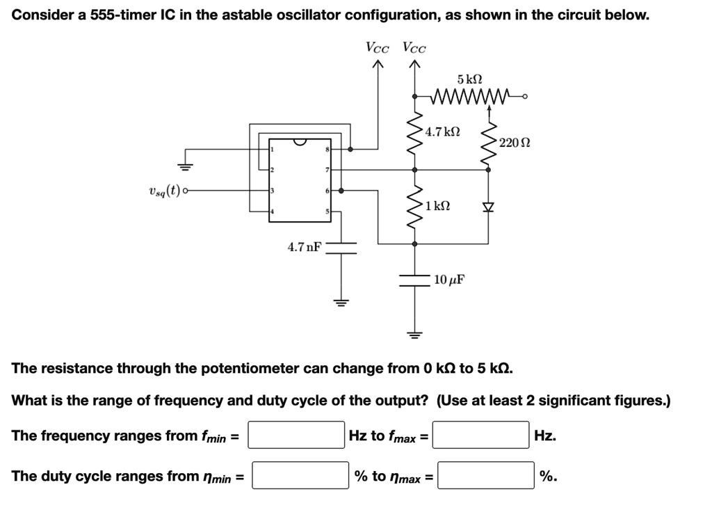 Consider a 555-timer IC in the astable oscillator configuration, as shown in the circuit below ...