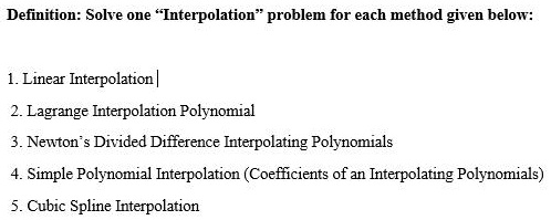 Definition: Solve one "Interpolation" problem for each method given below: 1. Linear ...