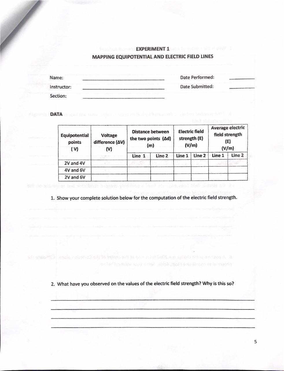 Get Answer Experiment 1 Mapping Equipotential And Electric Field Lines Name Instructor 