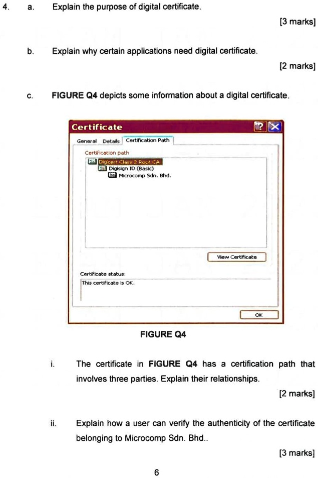 4. a. Explain the purpose of digital certificate. [3 marks] b. Explain ...