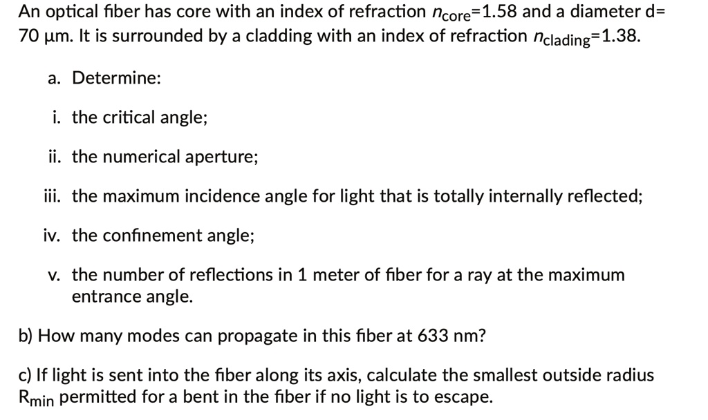 An optical fiber has core with an index of refraction ncore=1.58 and a diameter d= 70 µm. It is ...
