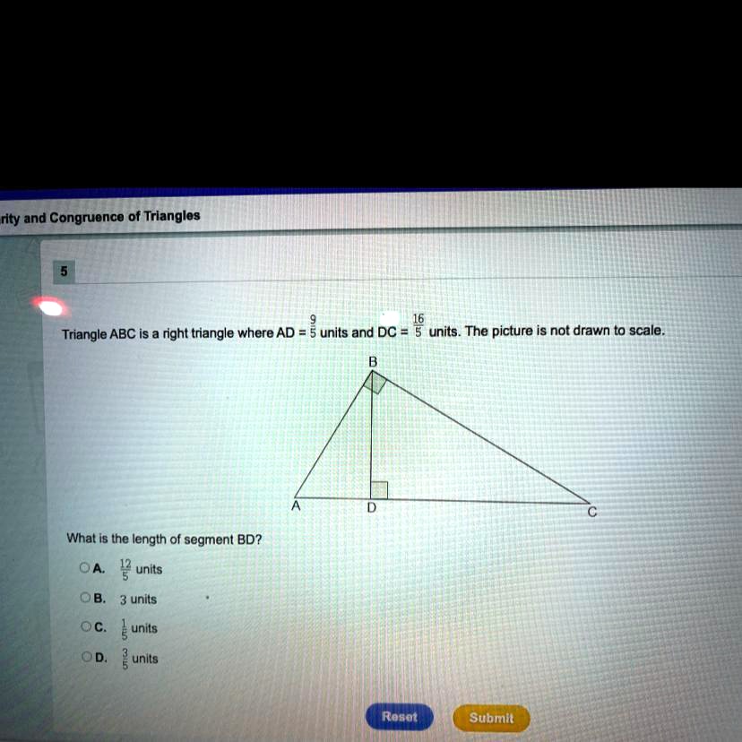 SOLVED: Triangle ABC is a right triangle where AD = 5 units and DC = 5 ...