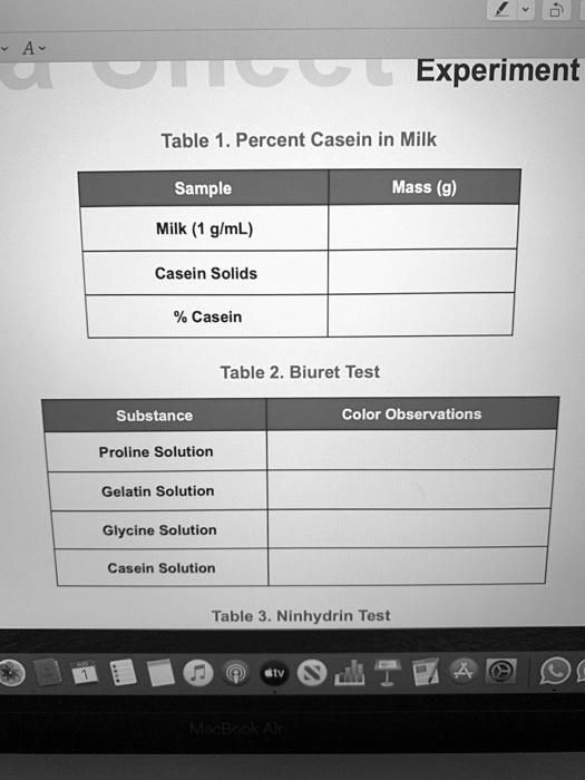SOLVED: Experiment Table 1. Percent Casein in Milk Sample Mass (g) Milk (1 glmL) Casein Solids ...