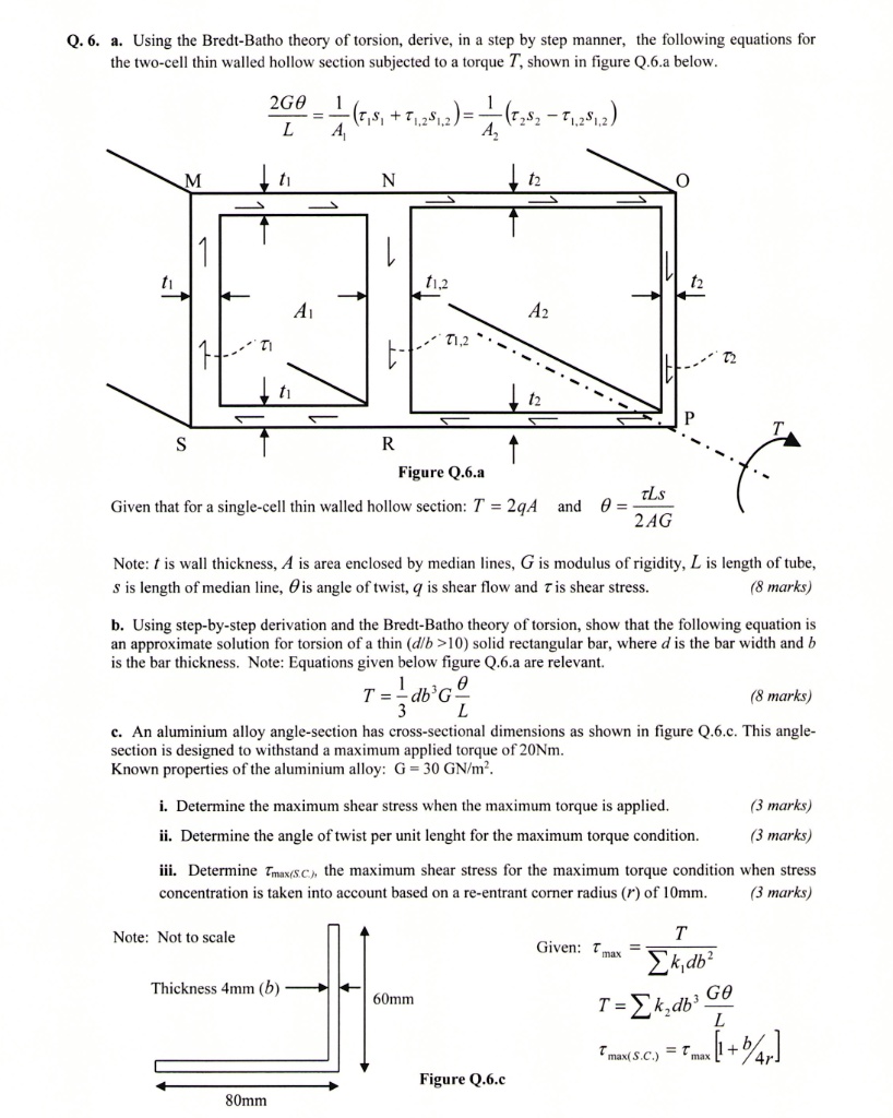 SOLVED: Q.6. a. Using the Bredt-Batho theory of torsion, derive, in a ...