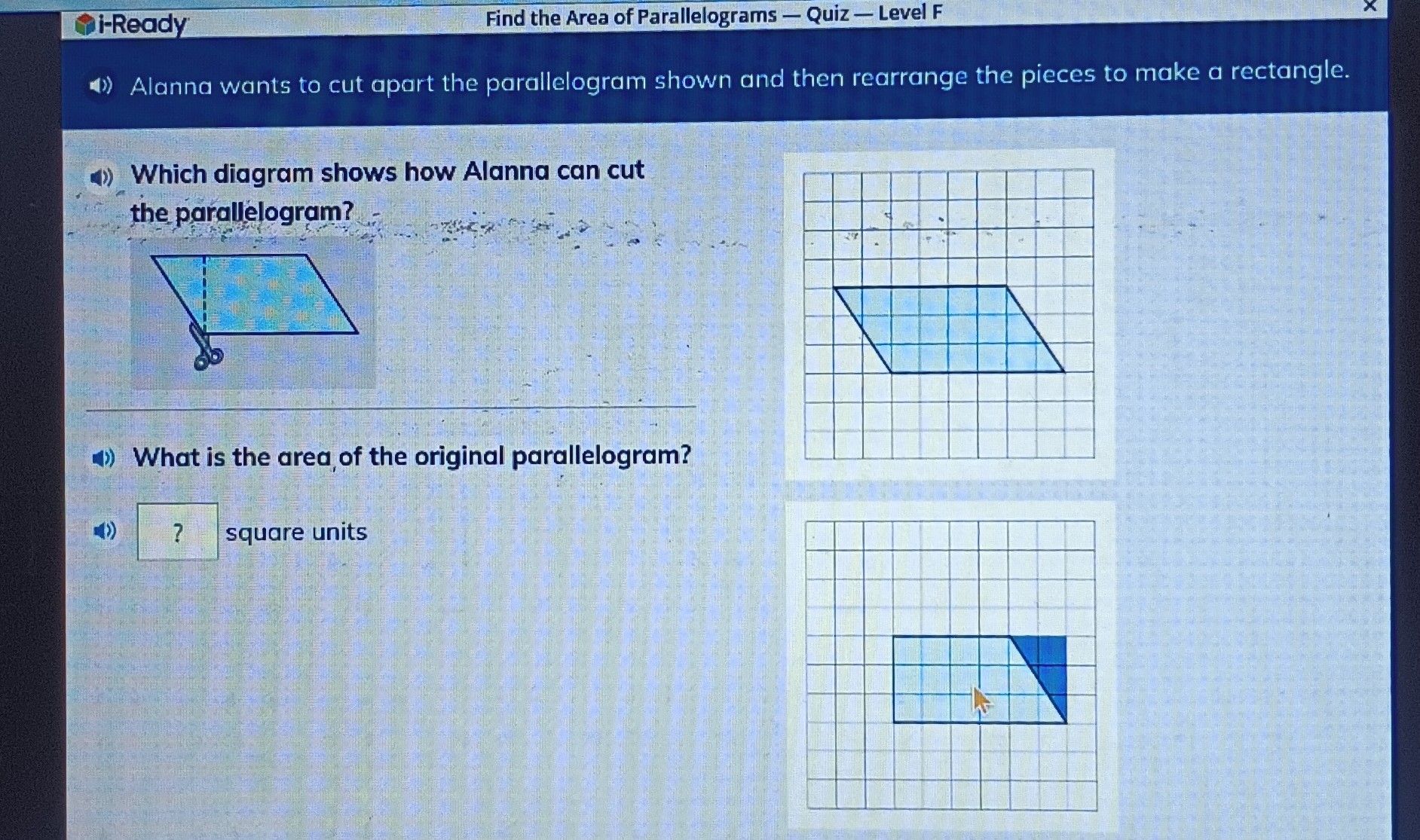 i-Ready Find the Area of Parallelograms - Quiz - Level F Alanna wants ...