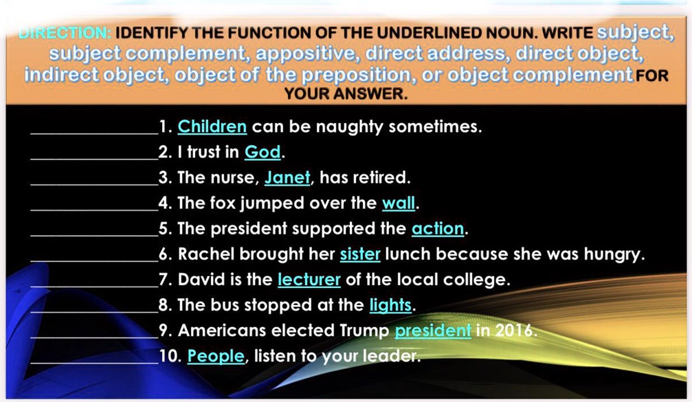 SOLVED: Please answer. I really need to finish my homework. Identify ...