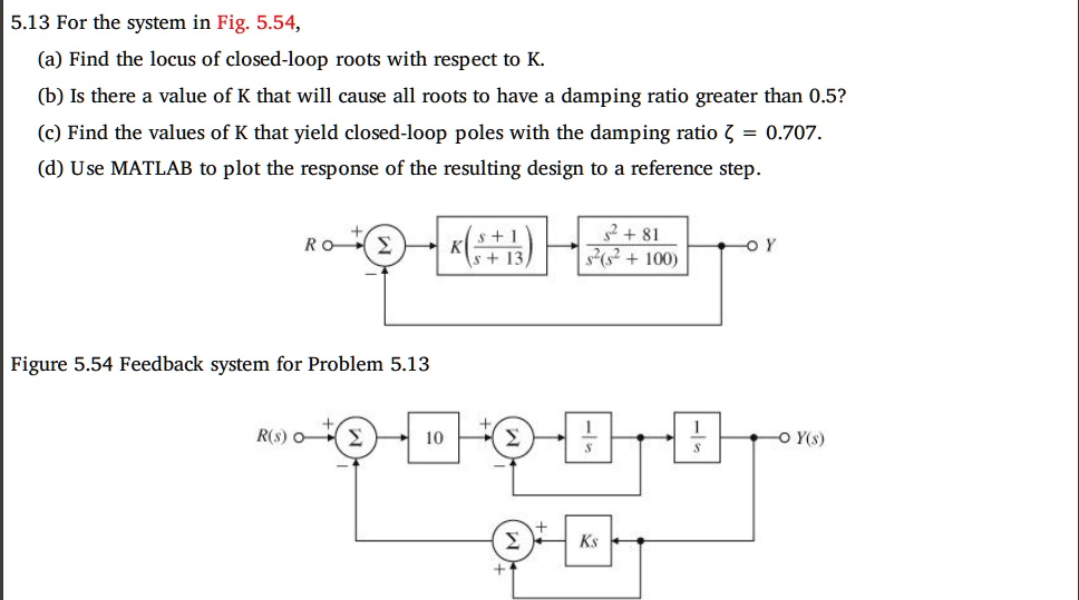 5.13 For the system in Fig. 5.54, a) Find the locus of closed-loop roots with respect to K. b ...