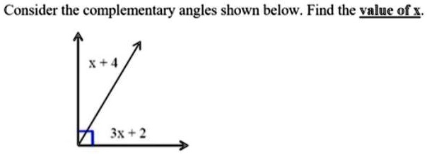 SOLVED: 'Consider the complementary angles shown below. Find the value of x. X + 4 3x + 2 ...