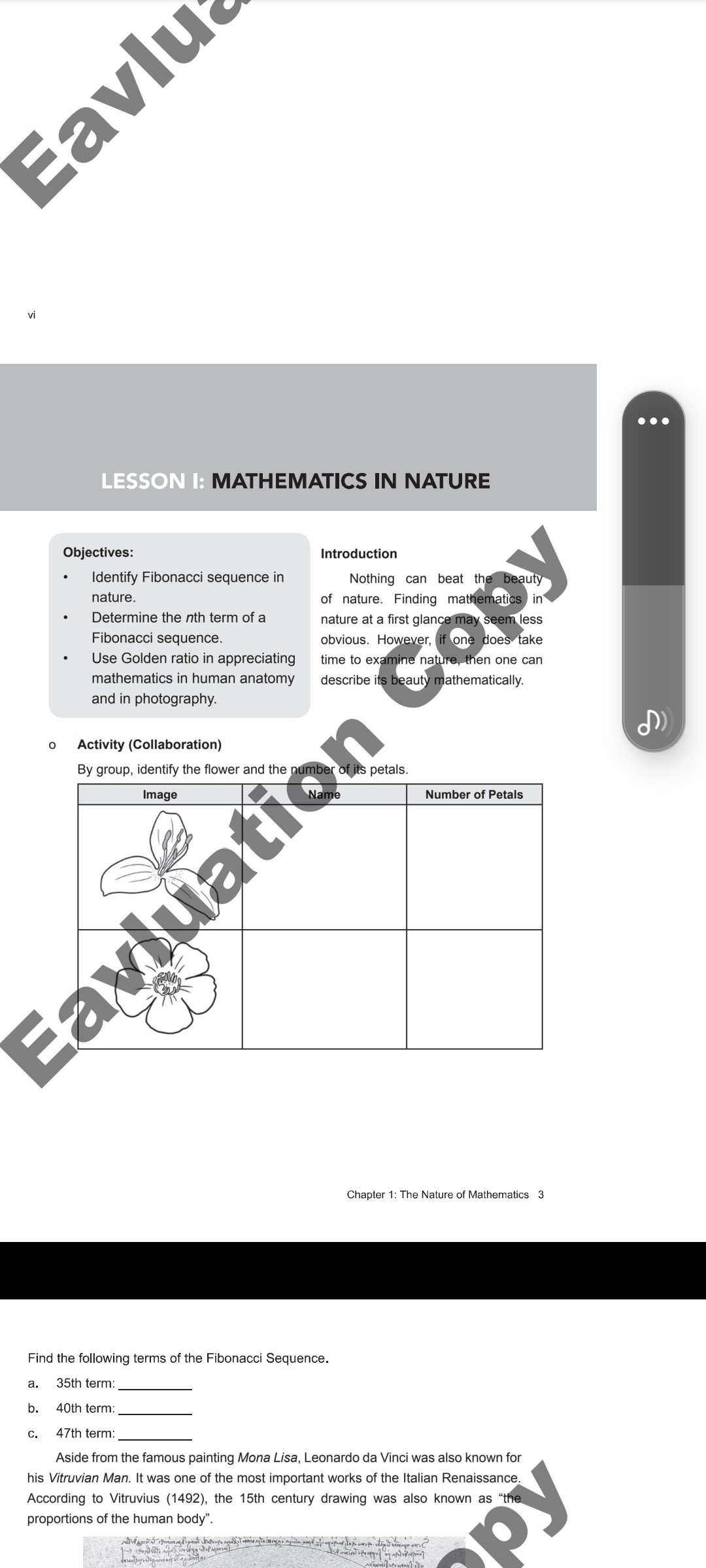 vi LESSON I: MATHEMATICS IN NATURE Objectives: - Identify Fibonacci ...