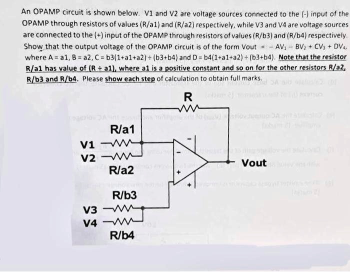 An OPAMP circuit is shown below. V1 and V2 are voltage sources connected to the (-) input of the ...