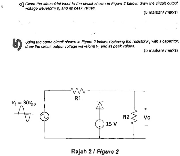 Given the sinusoidal input to the circuit shown in Figure 2 below; draw the circuit output ...