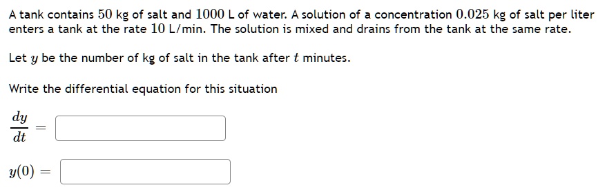 SOLVED: A tank contains 50 kg of salt and 1000 L of water. A solution ...