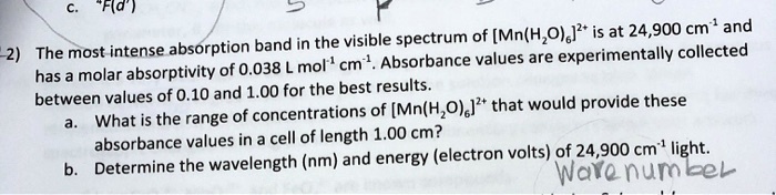 SOLVED:~Fla / visible spectrum of [Mn(H,Ol;l?* is at 24,900 cm and The ...