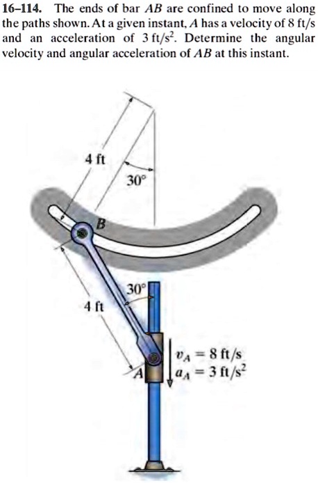 16-114. The ends of bar AB are confined to move along the paths shown. At a given instant, A has ...