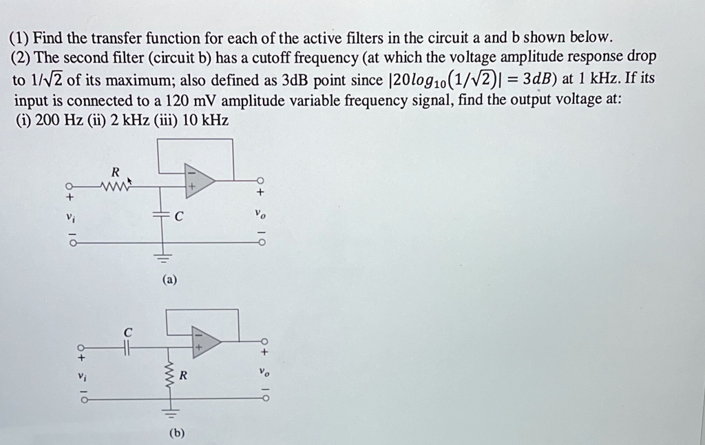 SOLVED: Find the transfer function for each of the active filters in the circuits a and b shown ...