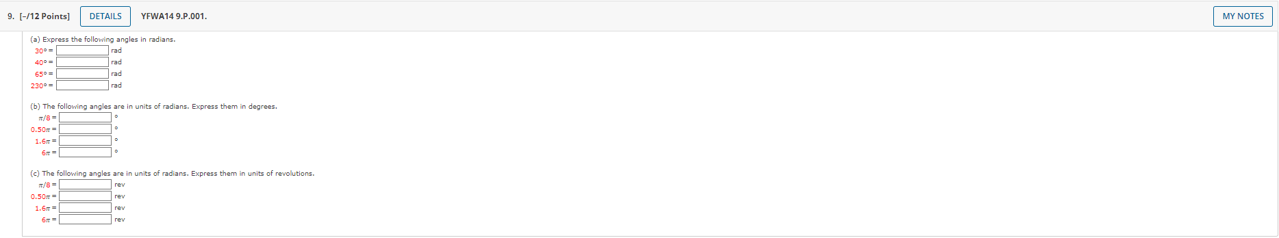 SOLVED: (a) Express the following angles in radians. 30° = rad 40 ...