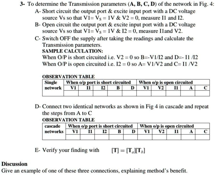 3- To determine the Transmission parameters (A, B, C, D) of the network in Fig. 4: A- Short ...