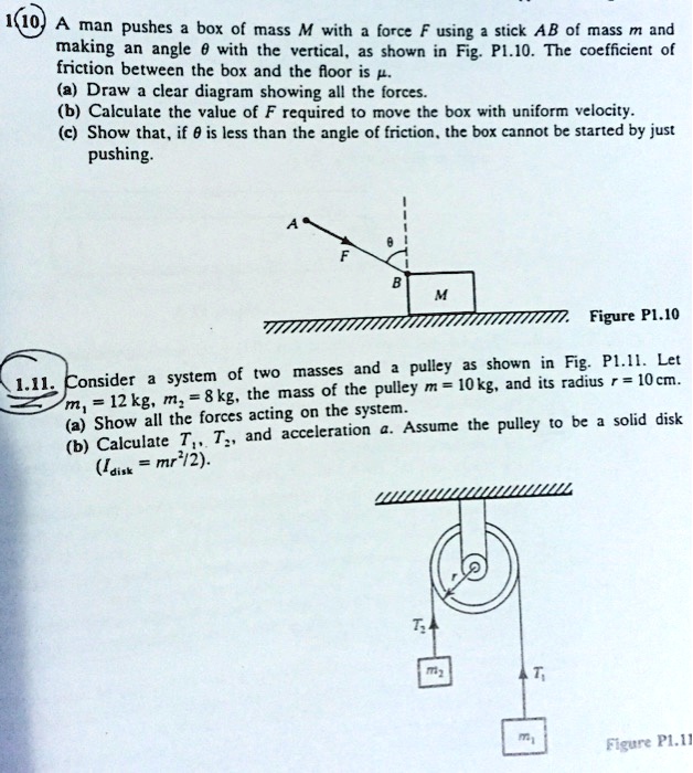 o man pushes box of mass m with force f using stick ab of mass m and ...