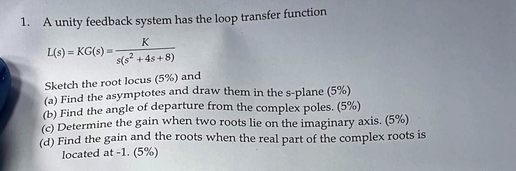 SOLVED: Unity feedback system has the loop transfer function L(s) = KG ...