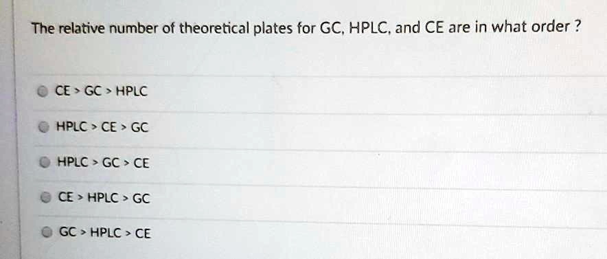 the relative number of theoretical plates for gc hplc and ce are in ...