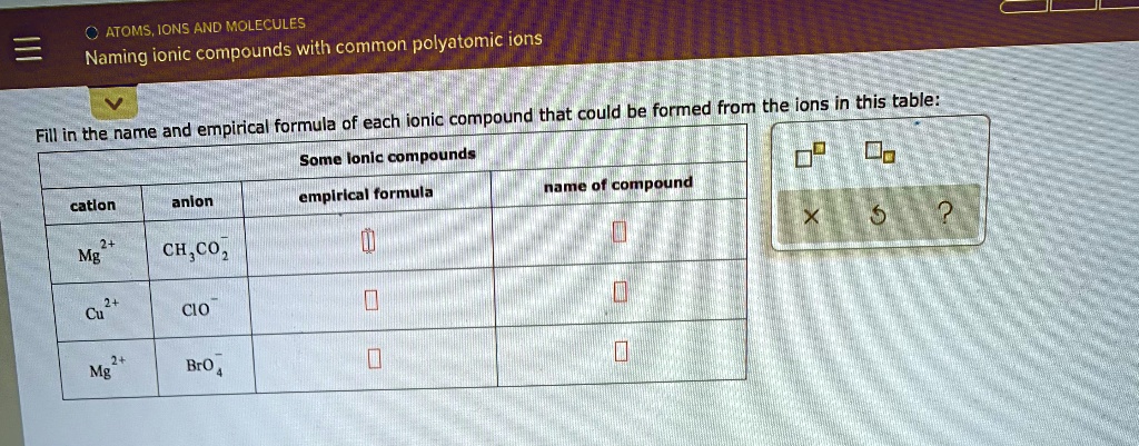SOLVED: ATOMS, IONS AND MOLECULES: Naming Ionic Compounds with Common Polyatomic Ions Fill in ...