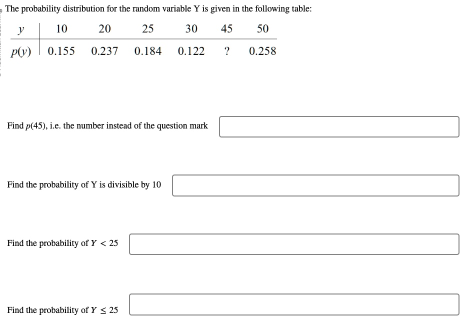 the probability distribution for the random variable y is given in the following table y 10 20 ...