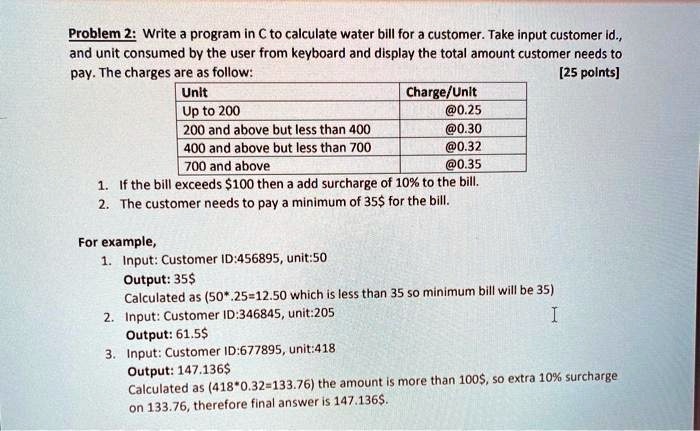 Solved C Programing Please Problem 2 Write A Program In C To Calculate Water Bill For A