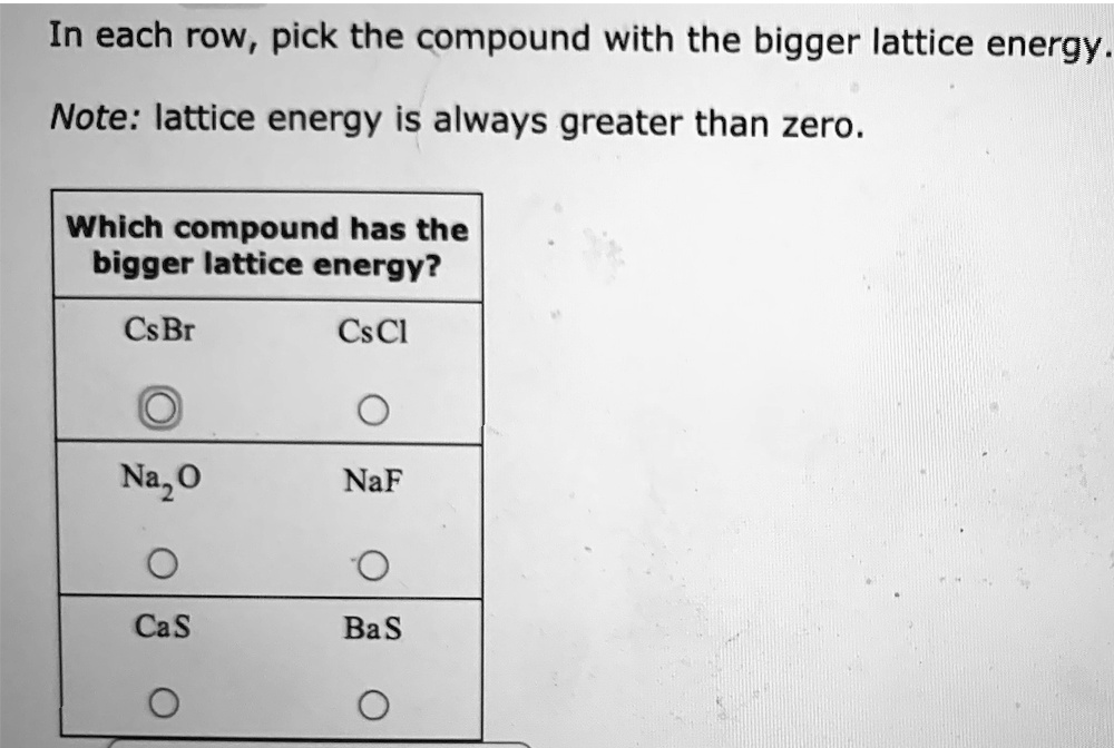 SOLVED:In each row; pick the compound with the bigger lattice energy ...